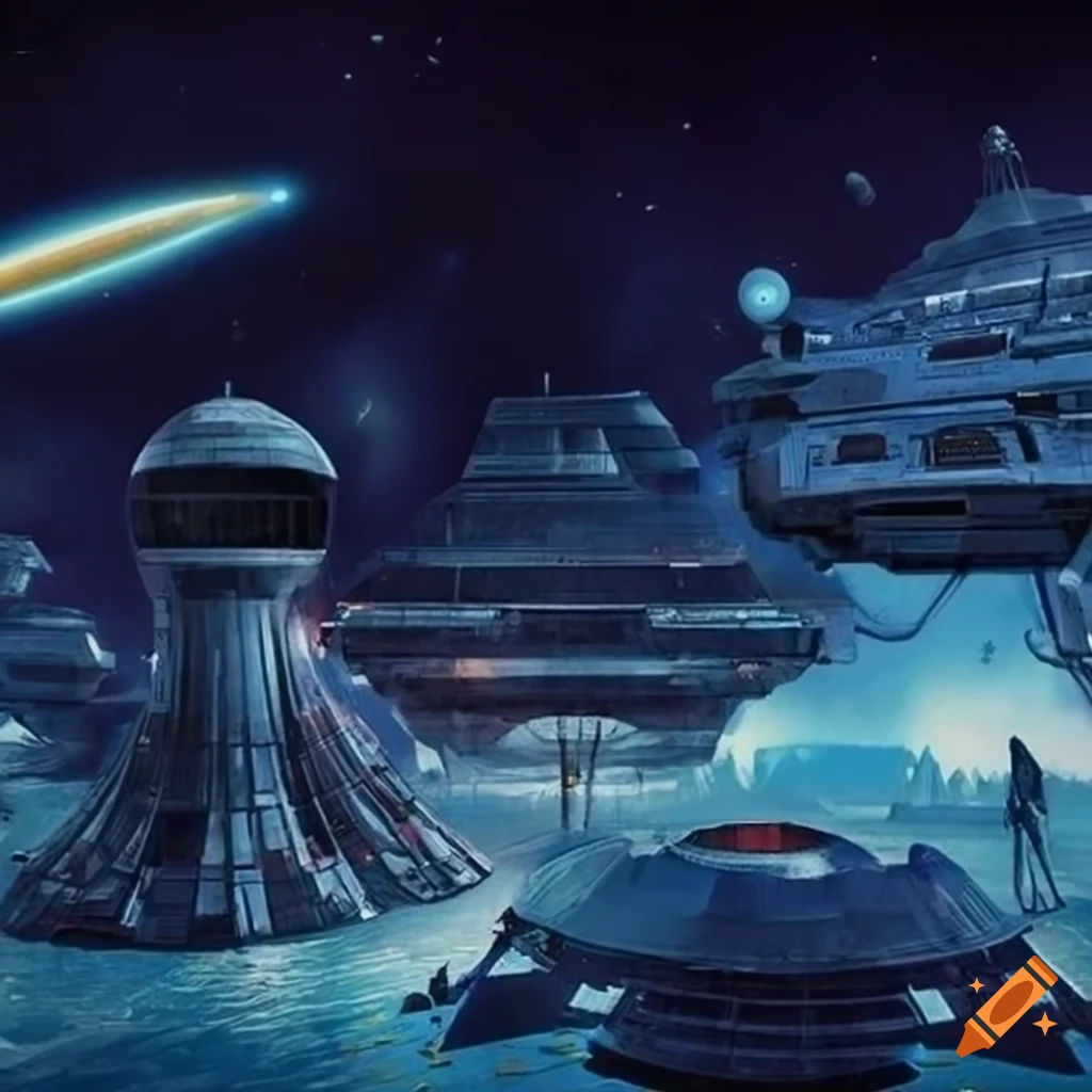 Hyper-detailed spaceport artwork with a 70s sci-fi vibe on Craiyon