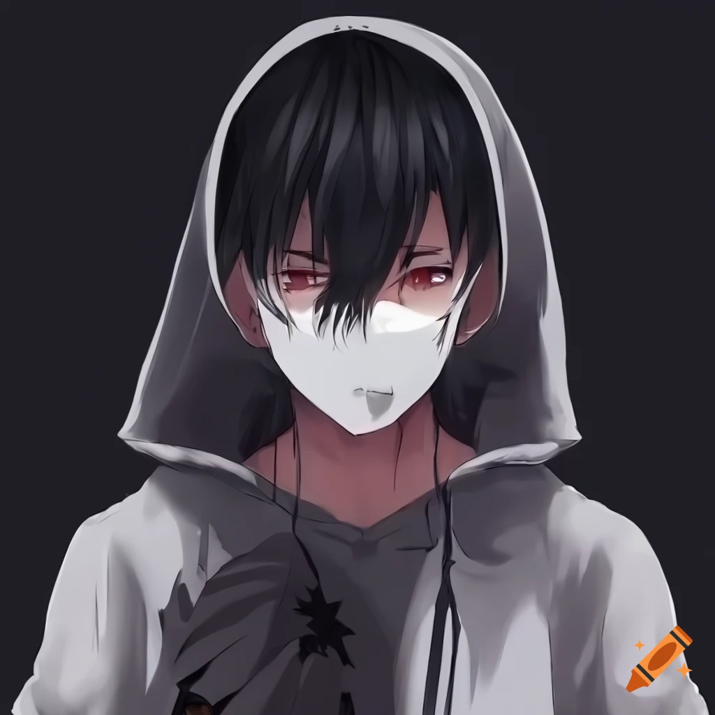 Anime man with black hair in white hoodie and black face mask on Craiyon