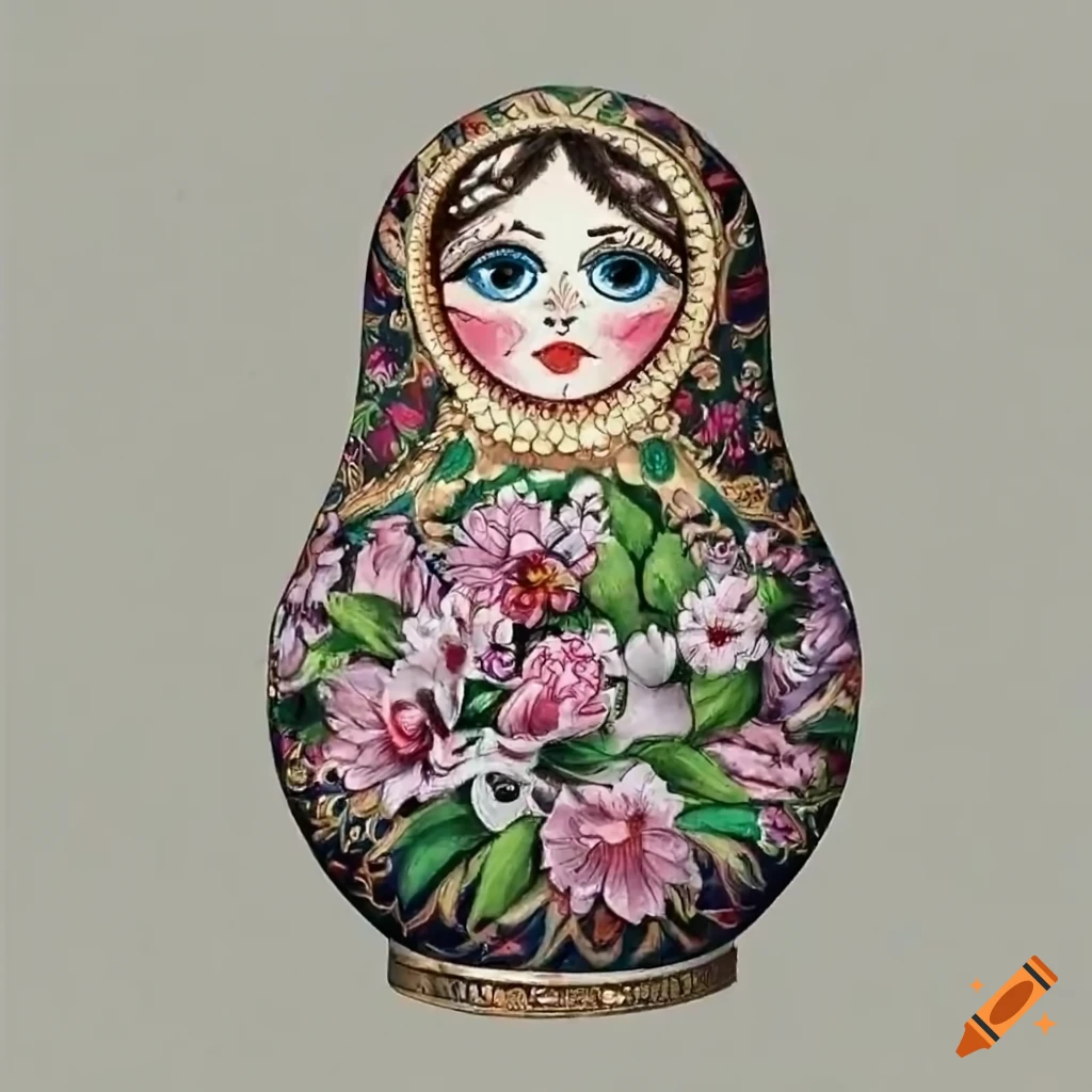 Russian doll with floral paintings in a pencil drawing on Craiyon