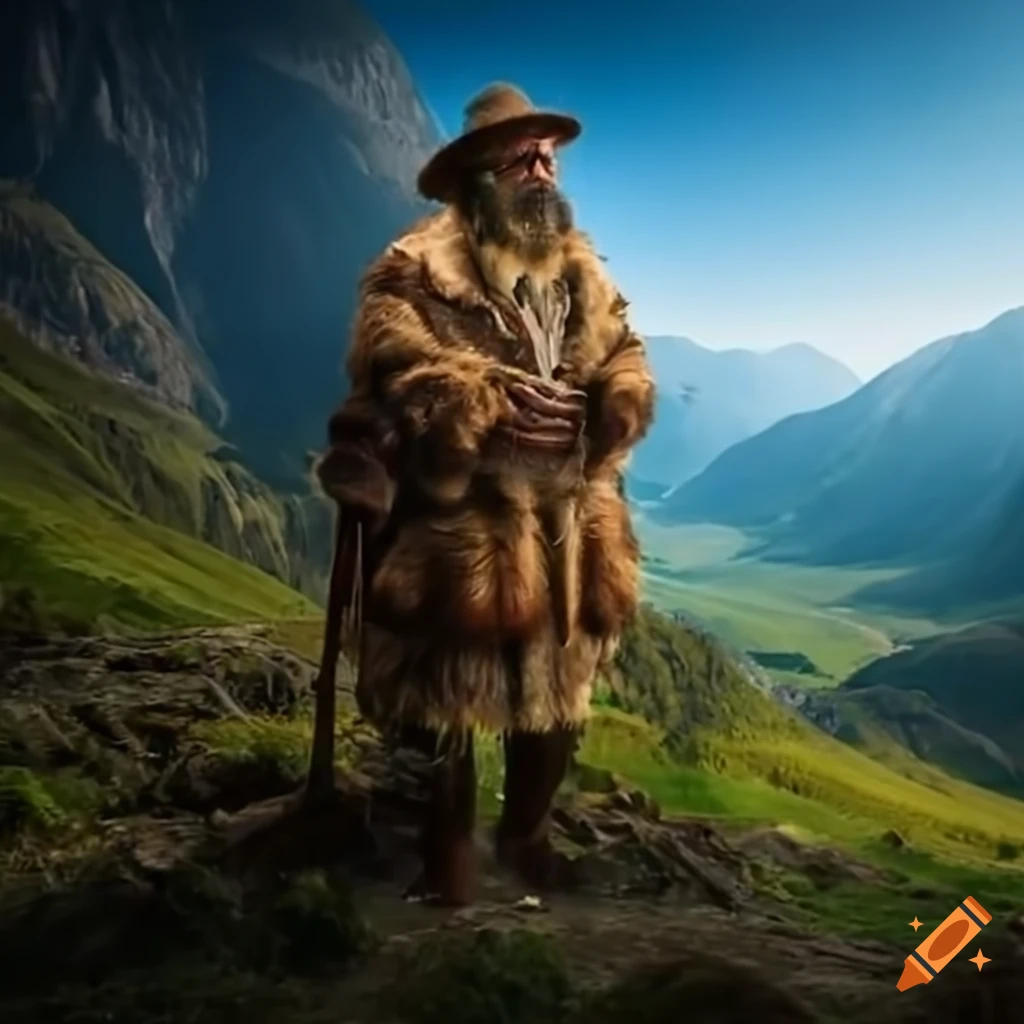 Mountain man overlooking a valley with a fur trading community on Craiyon