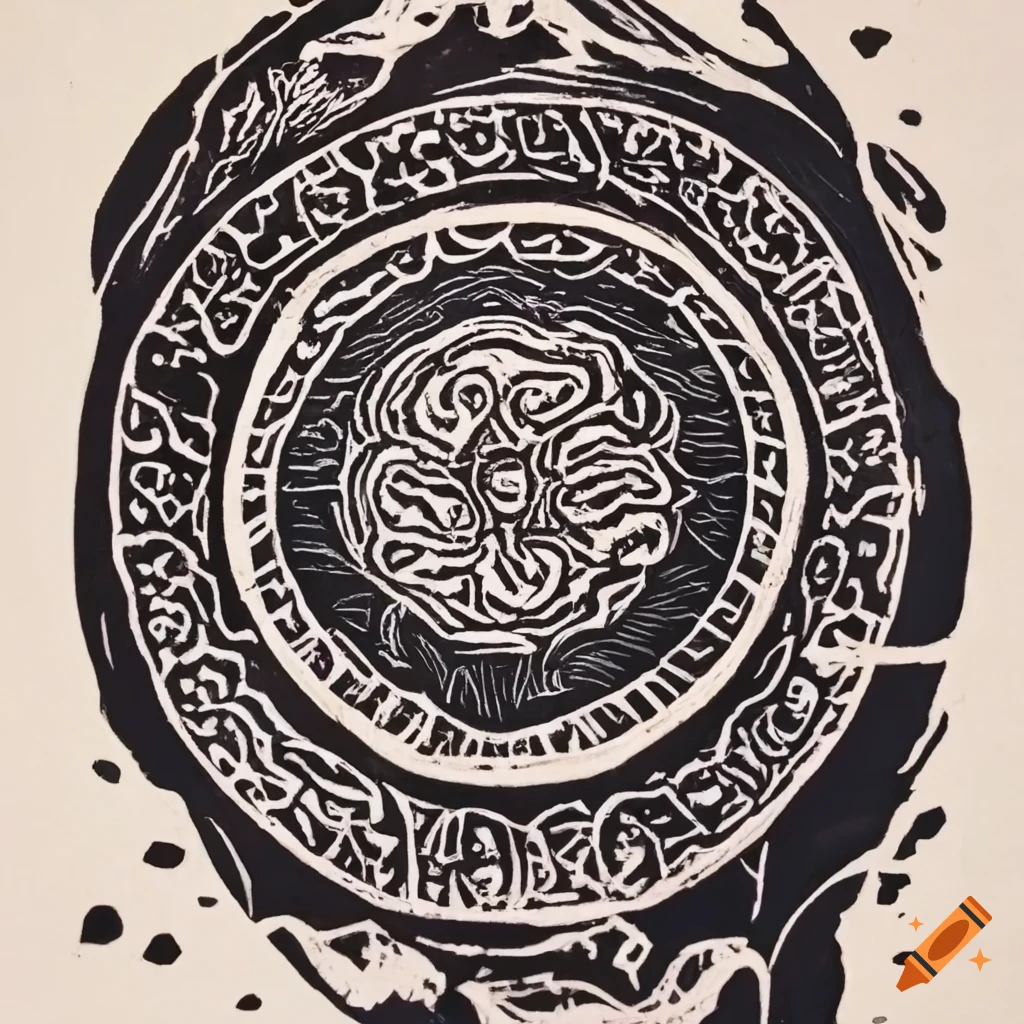 Linocut print of an unbroken circle on Craiyon