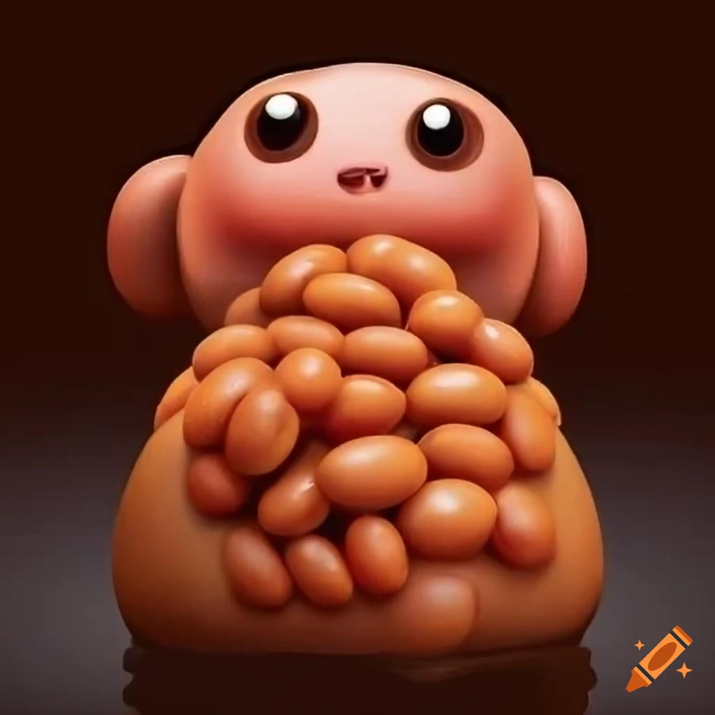 Adorable creature surrounded by baked beans on Craiyon