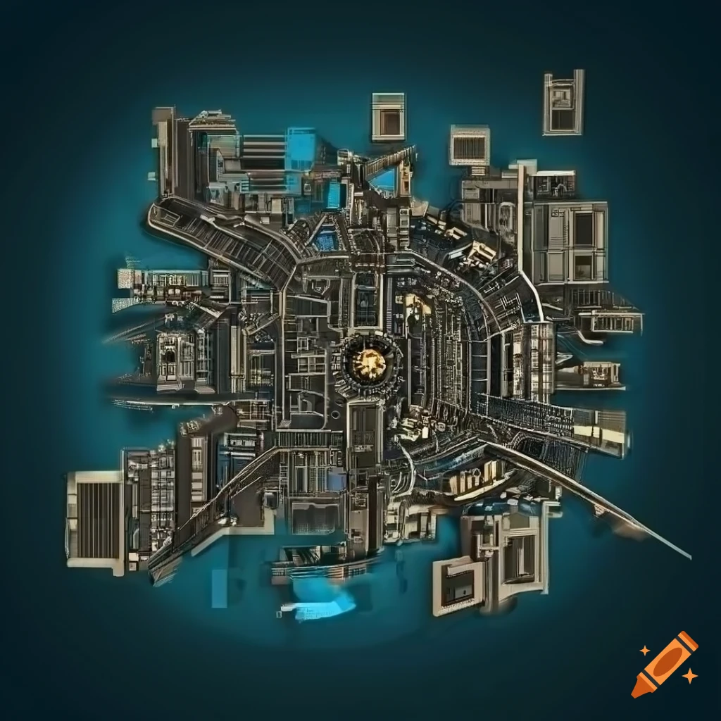 Top view of a full steampunk city map with colored districts and 3D ...