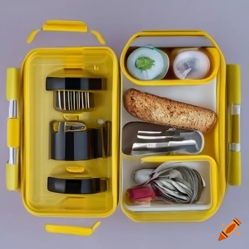 Yellow lunch box with integrated cutlery and calorie counting display ...
