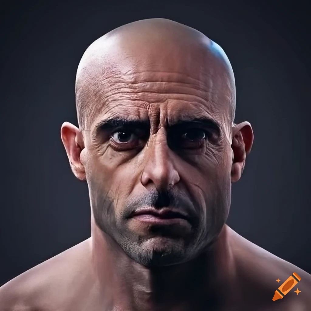 Portrait of a strong, stern adult man with a shaved head and powerful ...