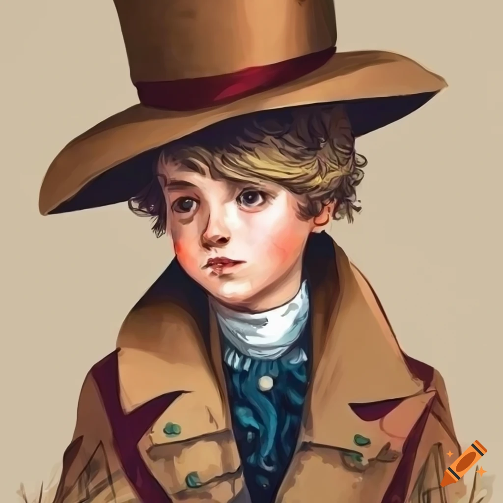 Victorian style drawing of a boy with a hat and knife in a coat on Craiyon