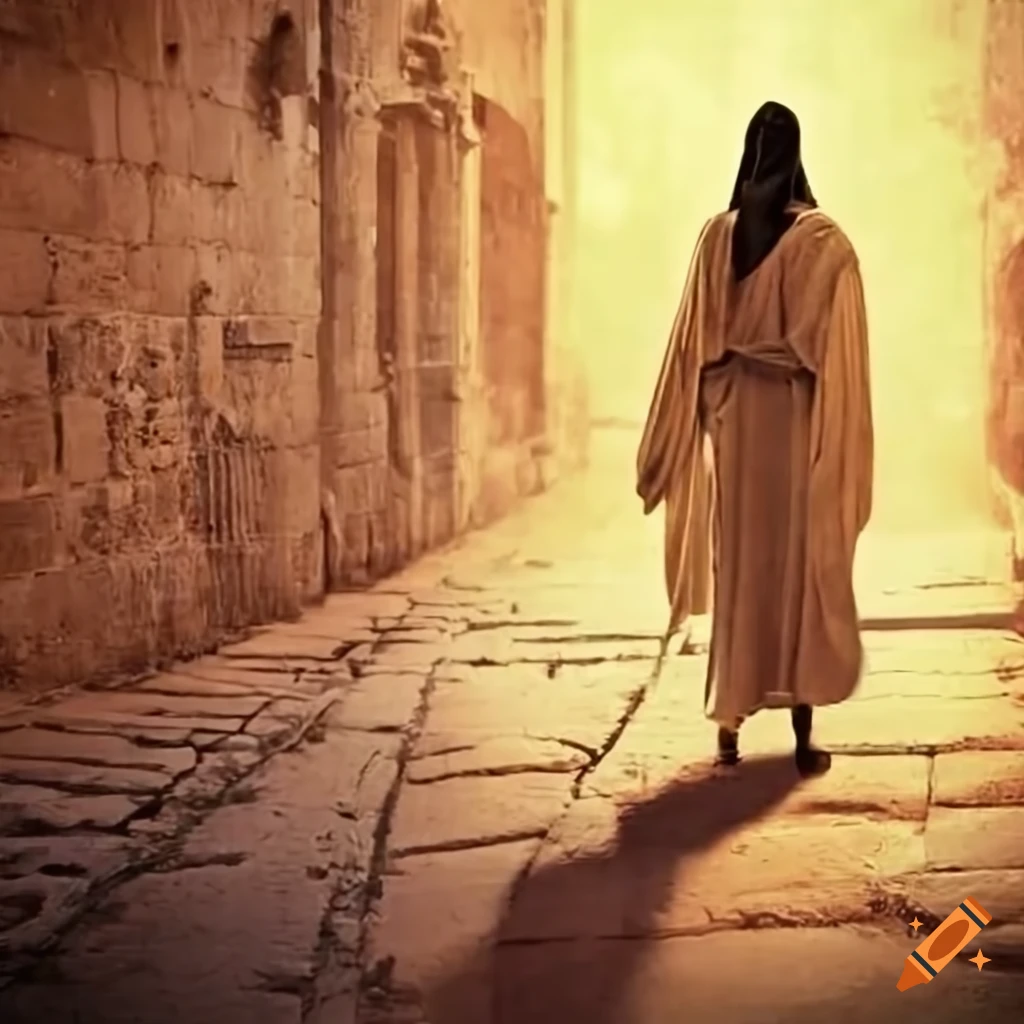 Depiction of jesus walking on a street in ancient israel on Craiyon