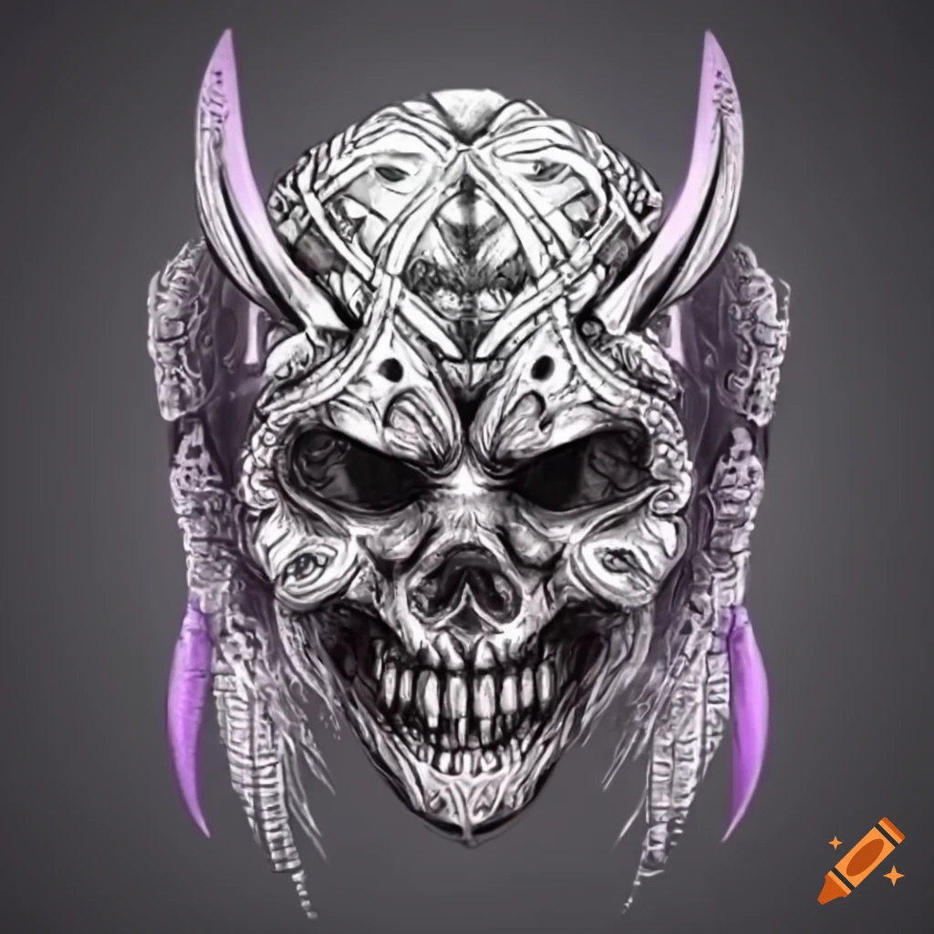 White bone mask with black celtic tribal patterns held together by ...