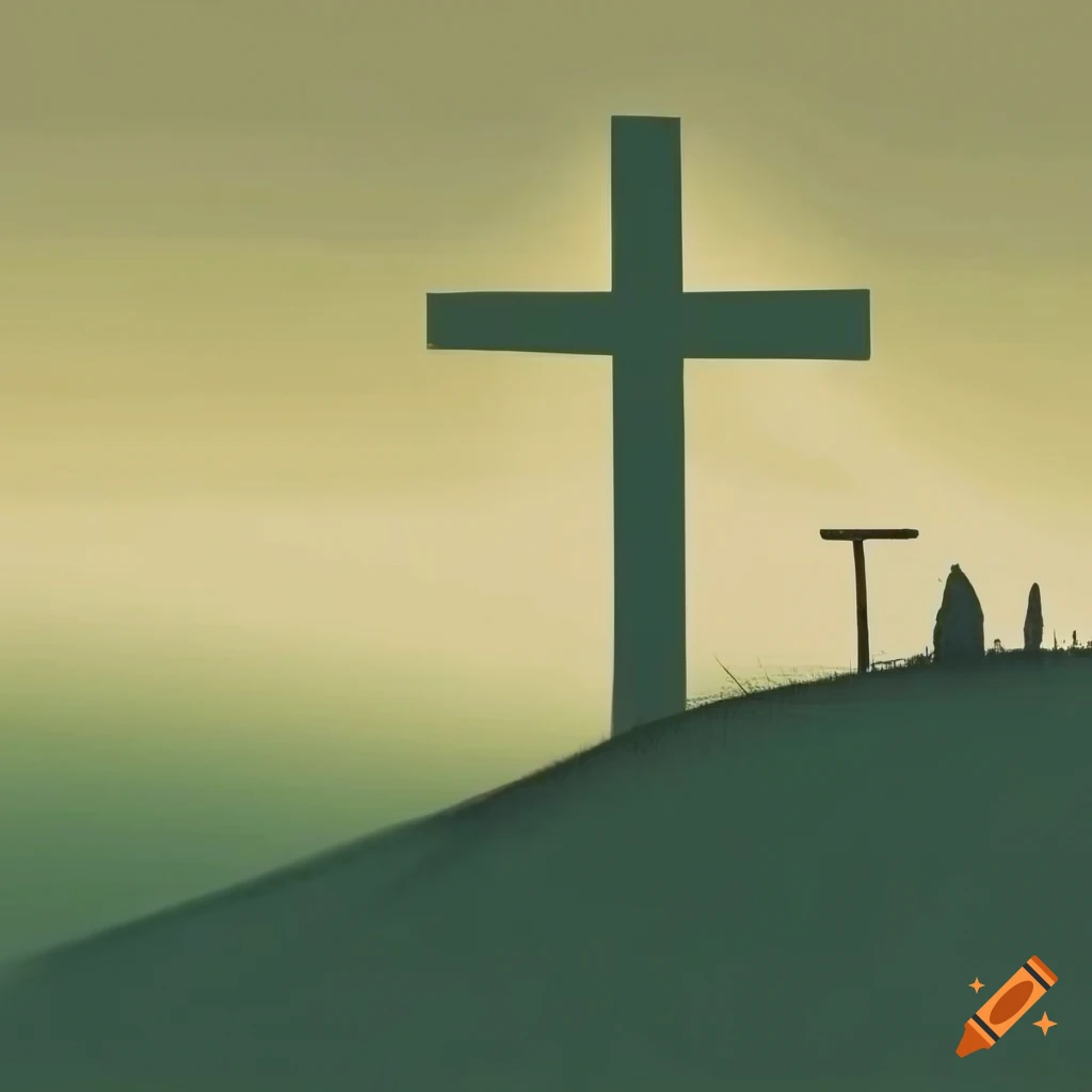 Silhouette of a cross on a grassy hill with rays of light on Craiyon