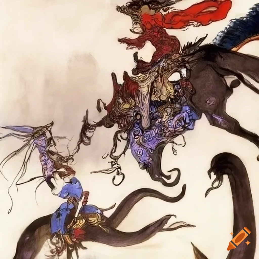 Cowboy riding a dragon in the air by Yoshitaka Amano on Craiyon