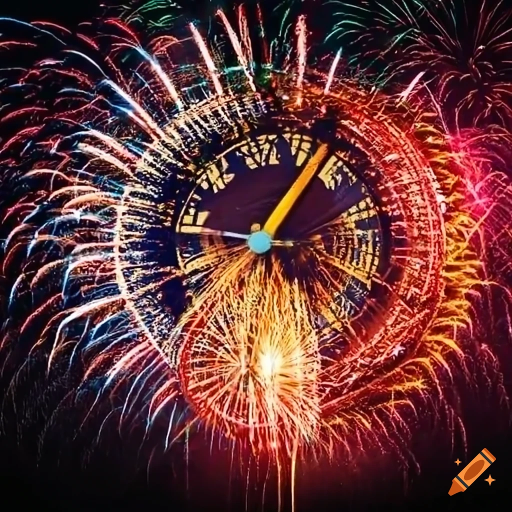 Colorful fireworks bursting around a clock on Craiyon