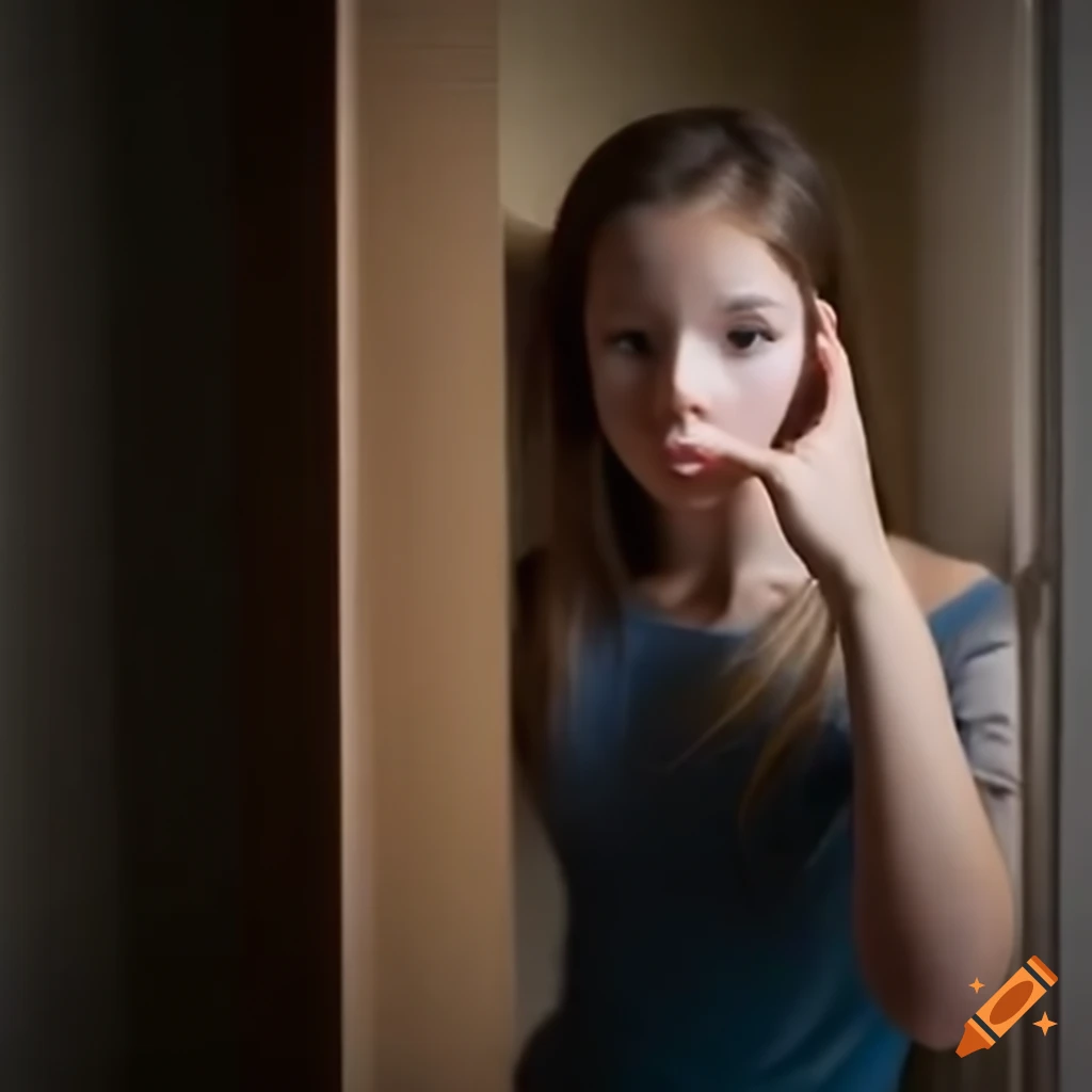 Curious girl peeking around a corner on Craiyon