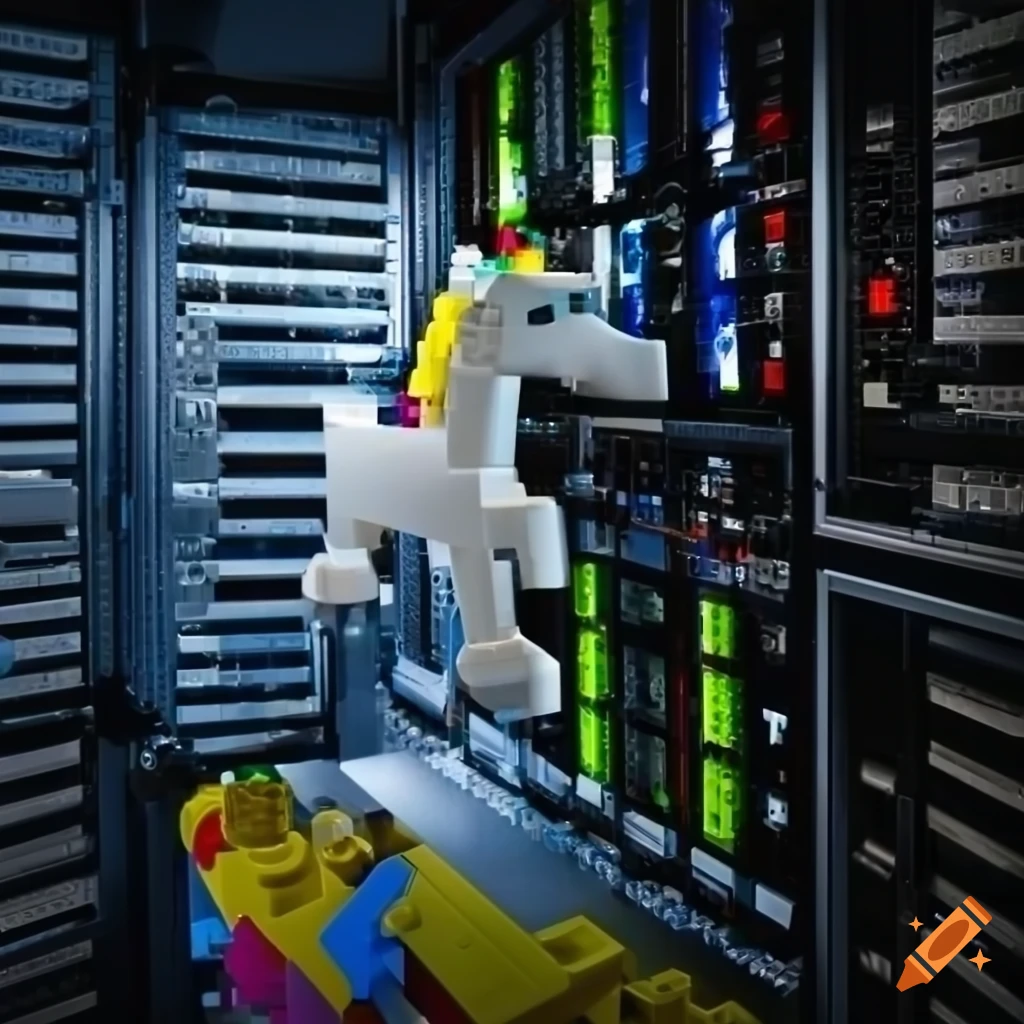 Unicorn lego in computer network server room on Craiyon