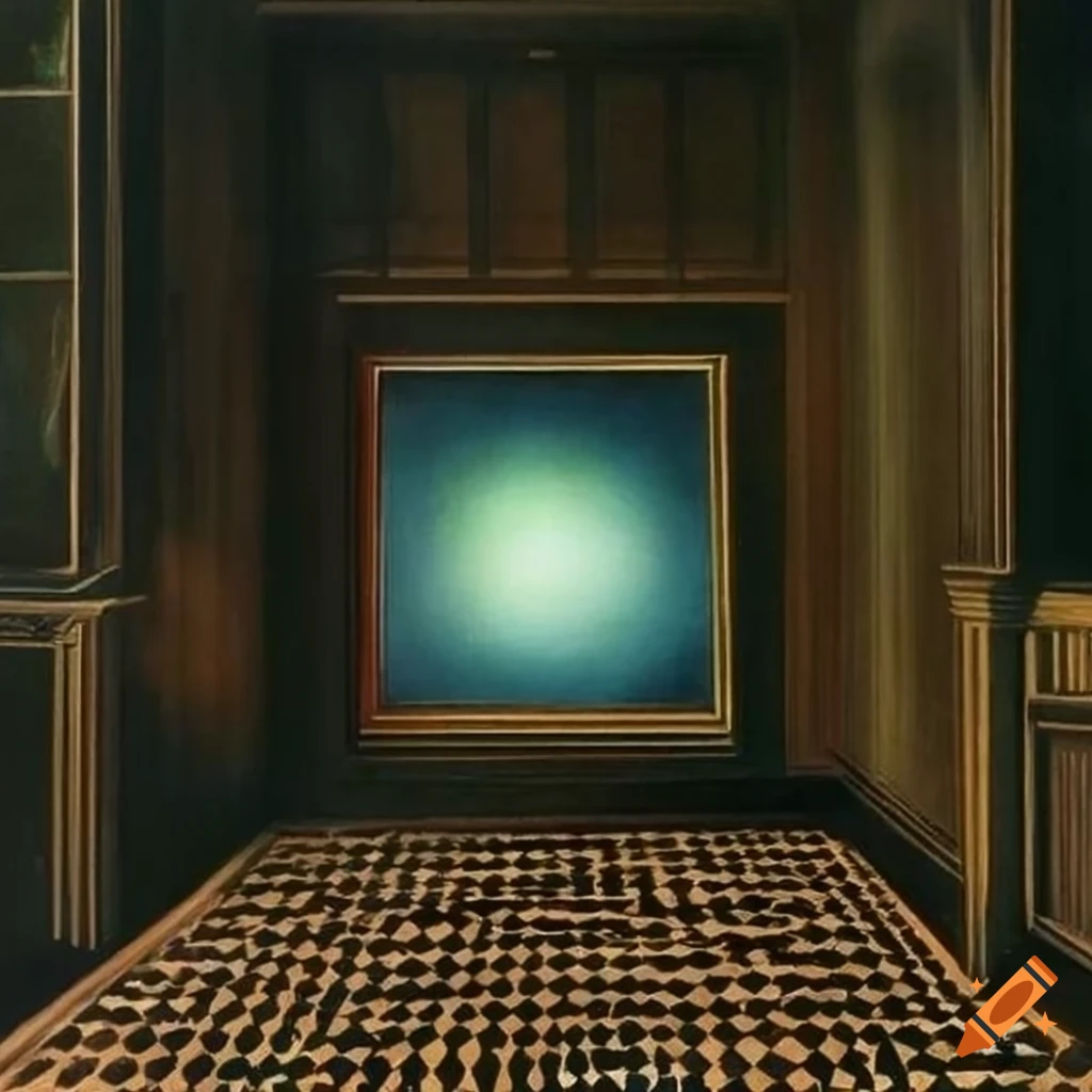 Surreal painting of checkered floor and a portal to another dimension ...