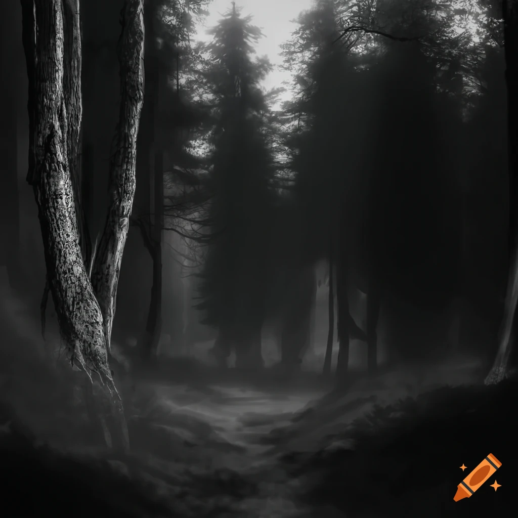 Detailed black and grey forest with ominous shadows, ideal for gamers ...