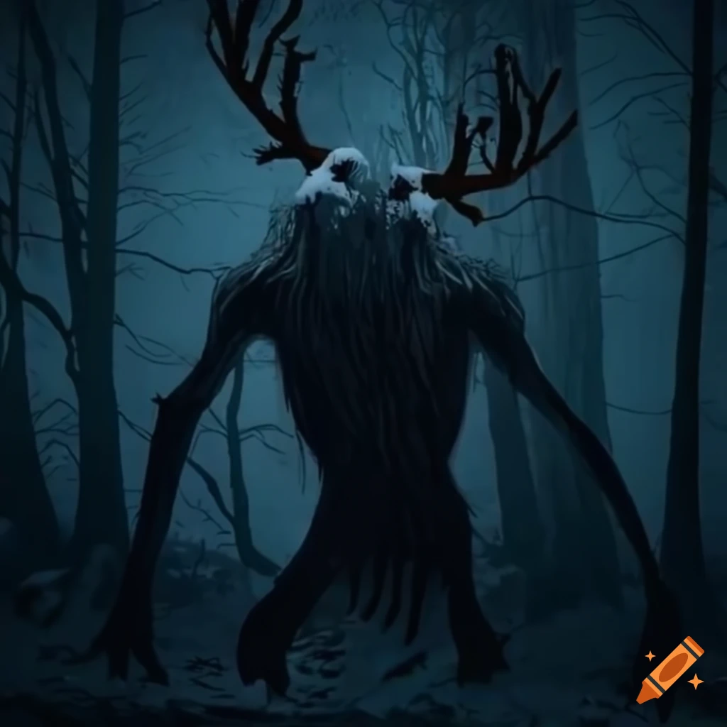 Sinister snow wendigo in a dark snowy forest on Craiyon
