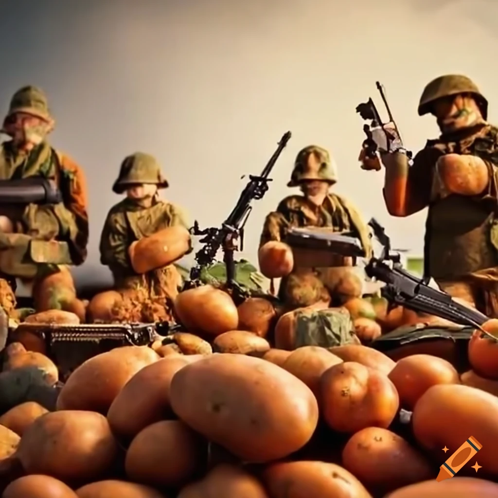 Potatoes with rifles fighting tomatoes with guns on Craiyon