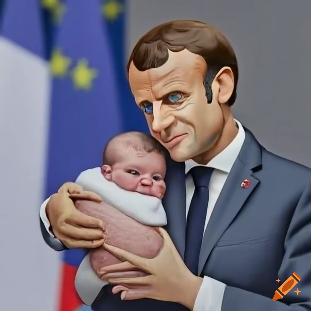 French president emmanuel macron holding baby on Craiyon