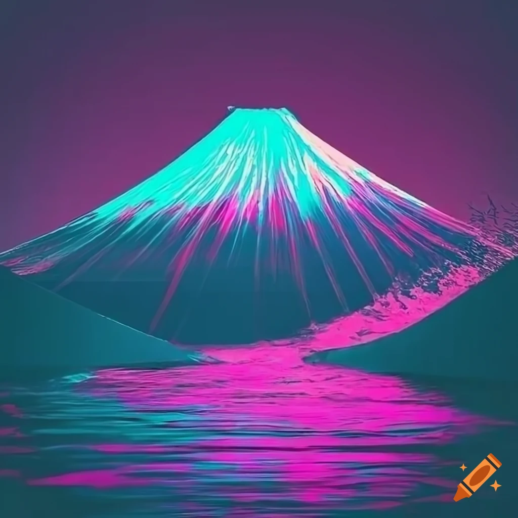 Vaporwave style aesthetic waves with mount fuji in the background on ...