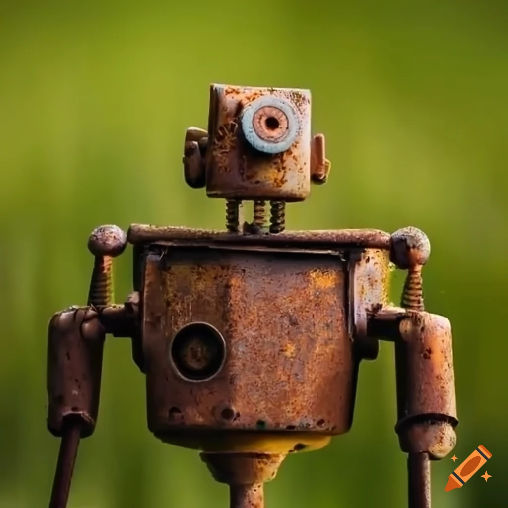 Rusty robot working in a grassy field on Craiyon