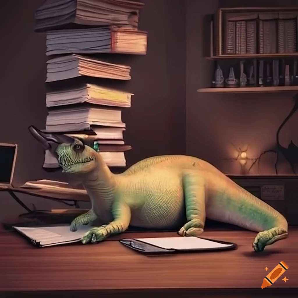 Ancient dinosaur at a cozy desk with papers and reading glasses on Craiyon
