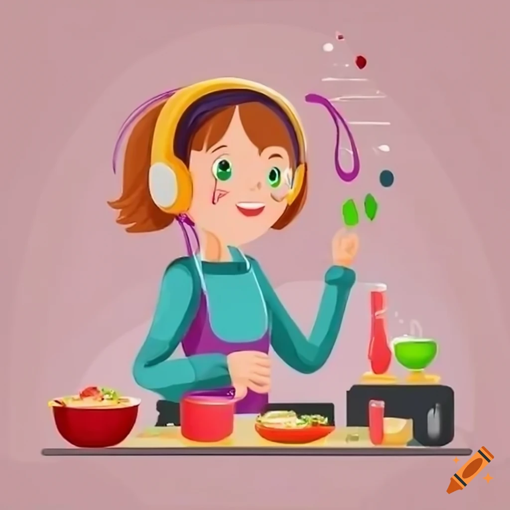 Girl in kitchen experimenting with ingredients while listening to music ...
