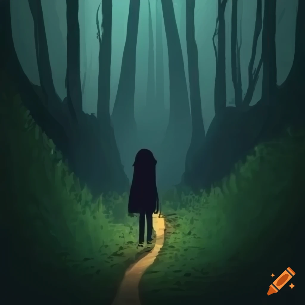 Girl navigating dense forest at night encounters fallen tree on Craiyon