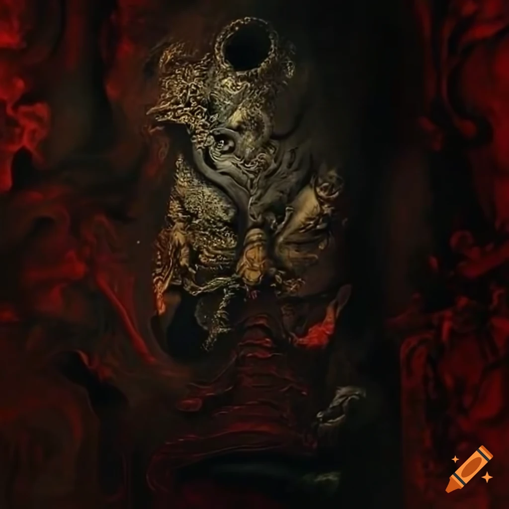 Baroque baron inside pandemonium artwork inspired by John Martin, Giger's hell collage on an ...