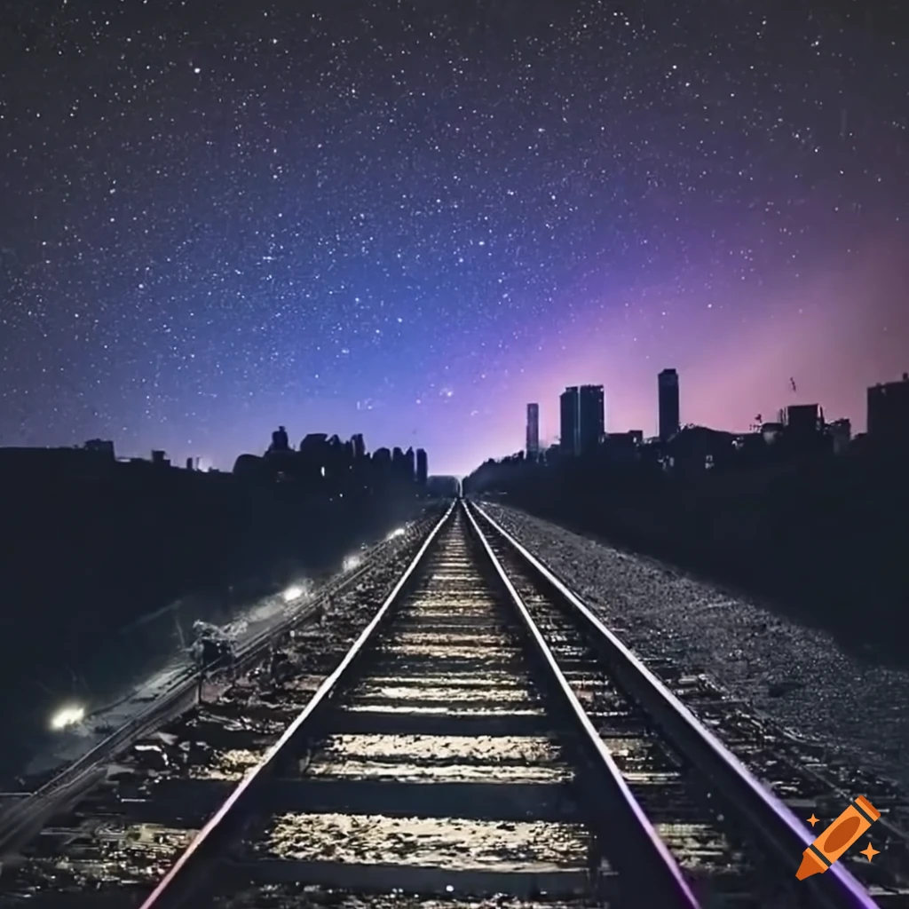 Railroad track over a city at night with cosmos and stars visible on ...