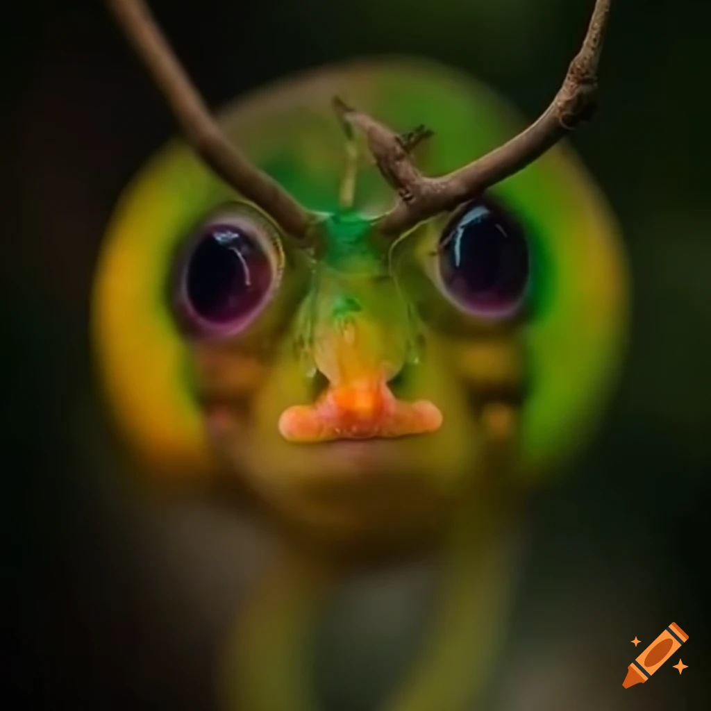 Glowing-eyed bizarre creature surrounded by fruits on a tree on Craiyon