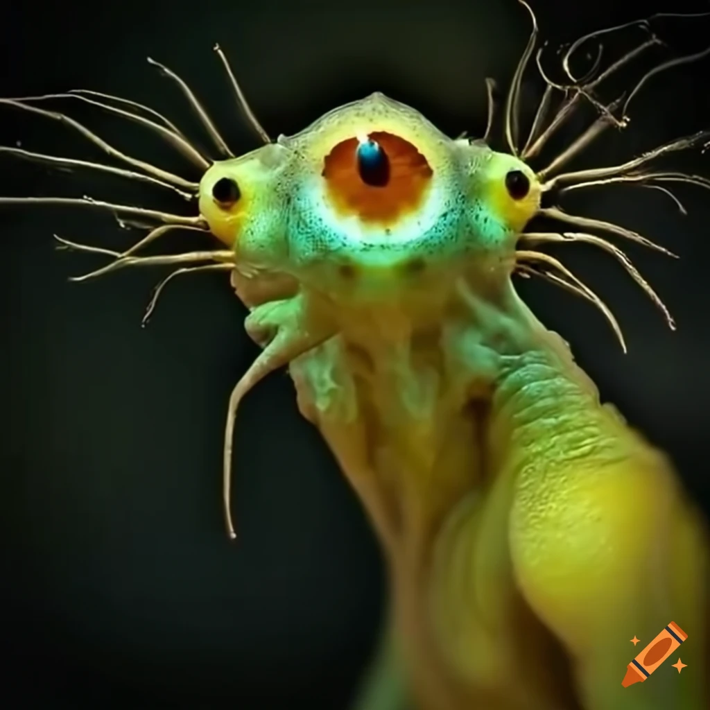 Bizarre creature with glowing human eye surrounded by fruits on Craiyon