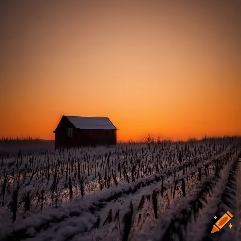 Snowy winter corn field at sunset with barn silhouette on Craiyon