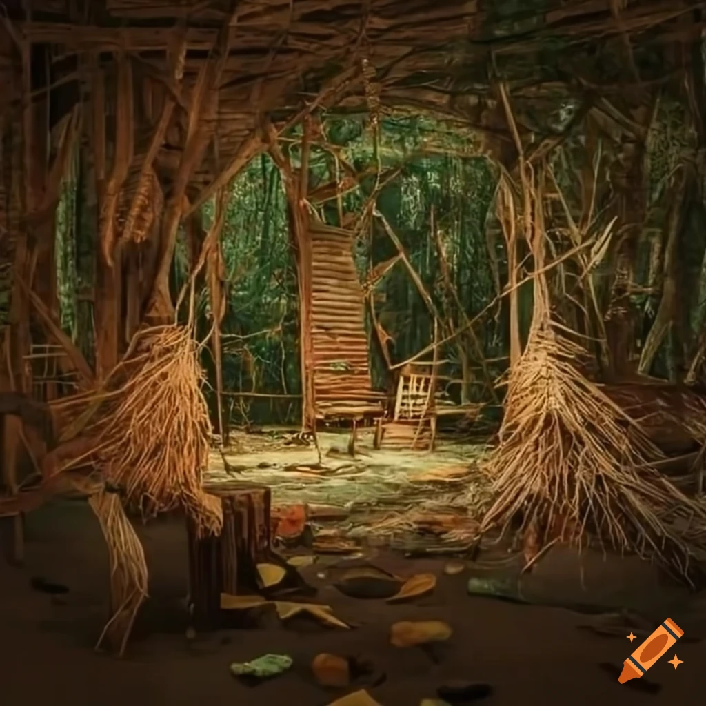Interior of a forest fort made of sticks and leaves with makeshift ...