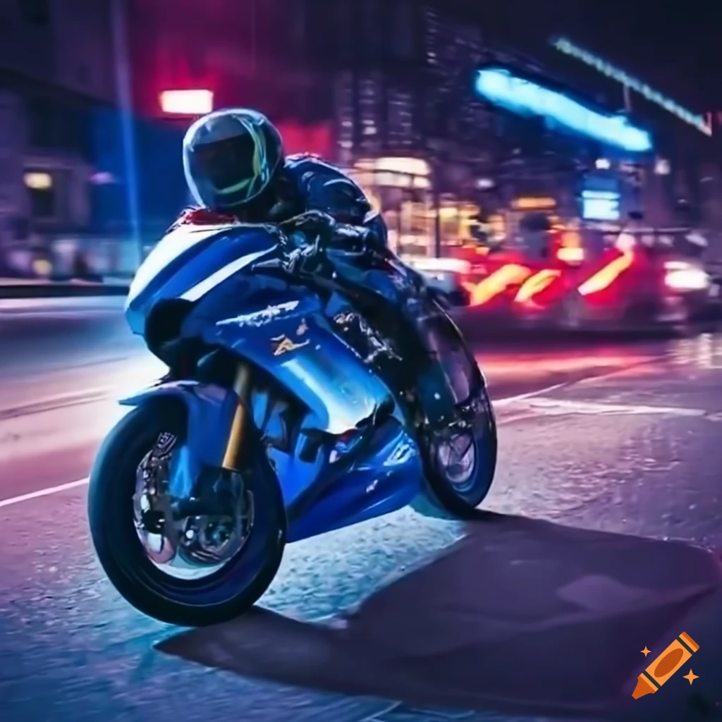 Blue yahama r6 motorcycle racing through city streets at night on Craiyon
