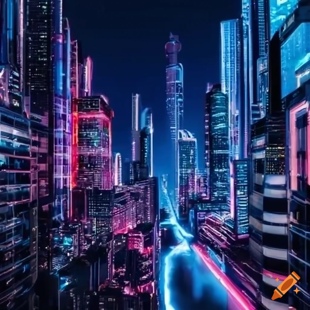 Hi-tech cyber city skyline with neon lights and flying drones on Craiyon