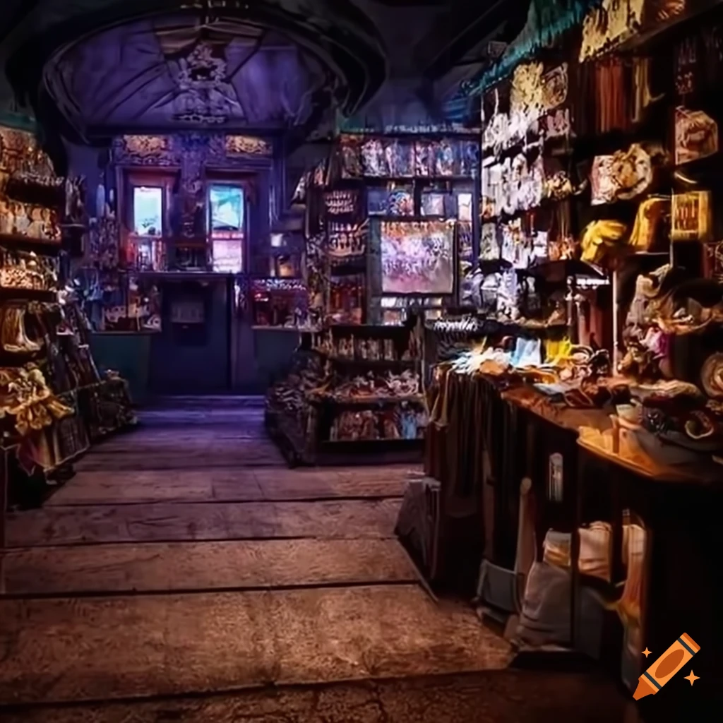Bright interior of a magical goods store with game-like aesthetics on ...
