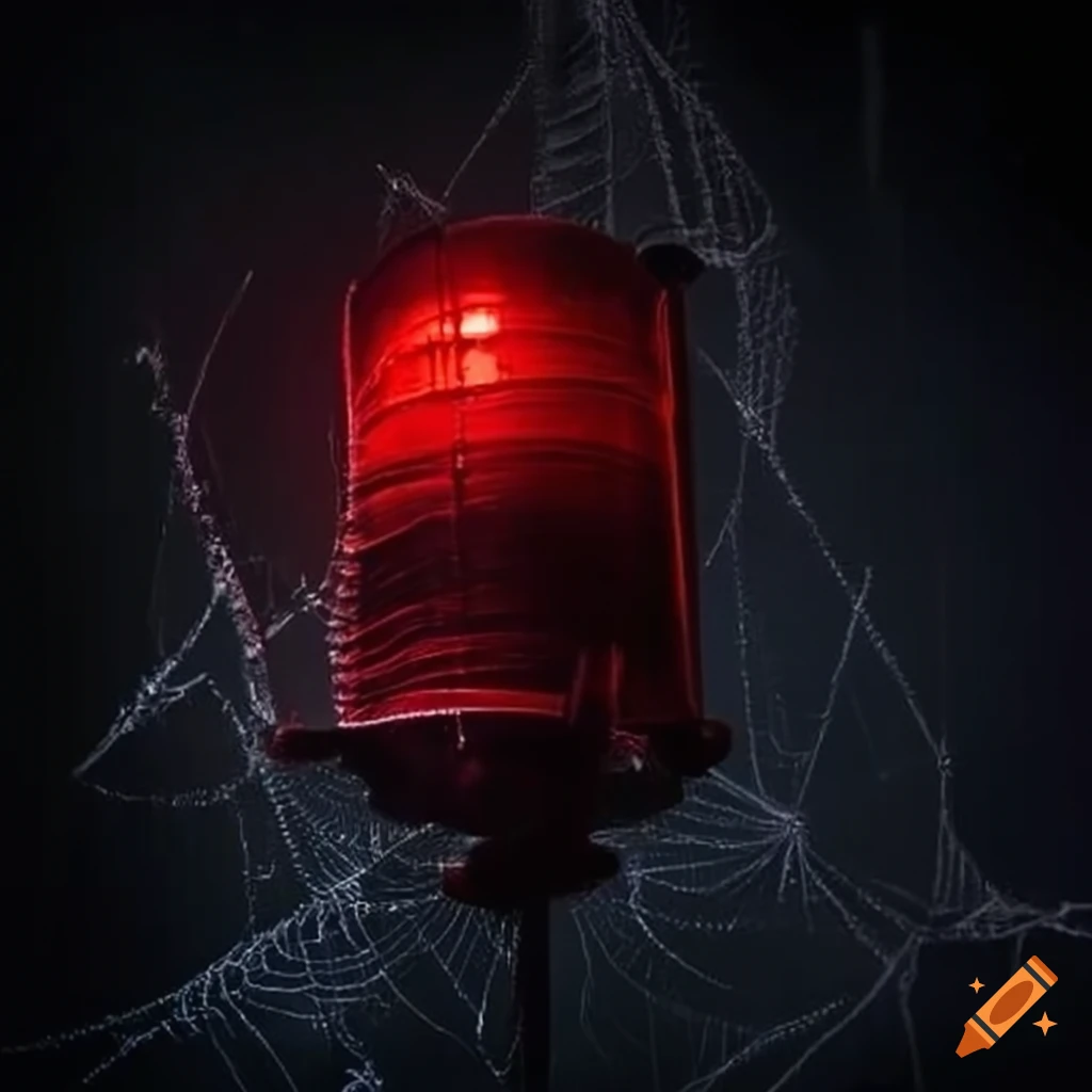 Red signal light covered in dust and cobwebs in a haunted house on Craiyon