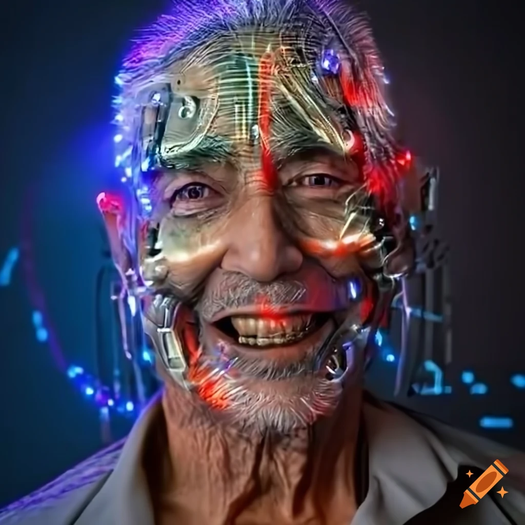 Smiling Mexican male cyborg with optical fiber circuitry and LED lights ...