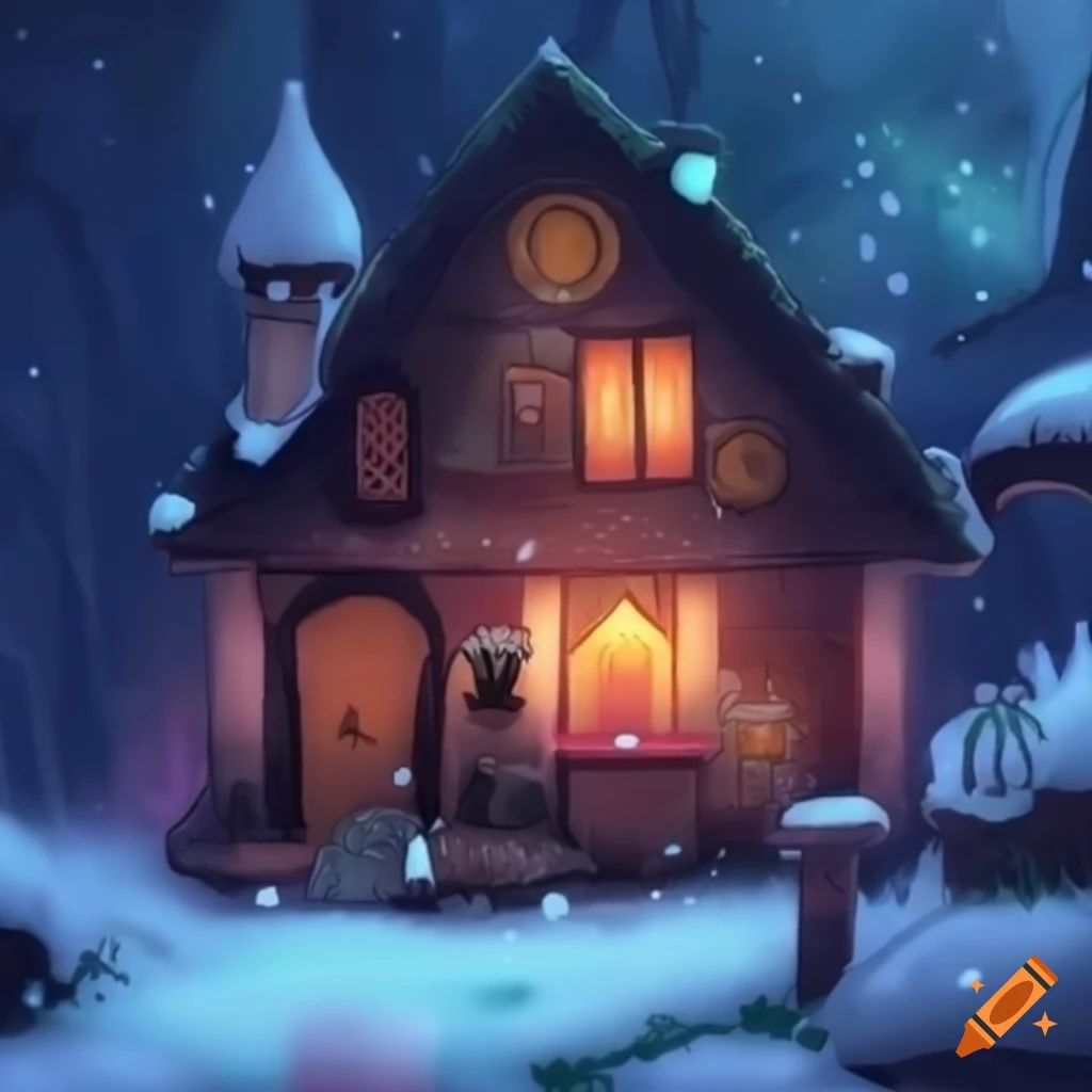 Cute snowy fairytale cottage with chibi fox and red panda on Craiyon