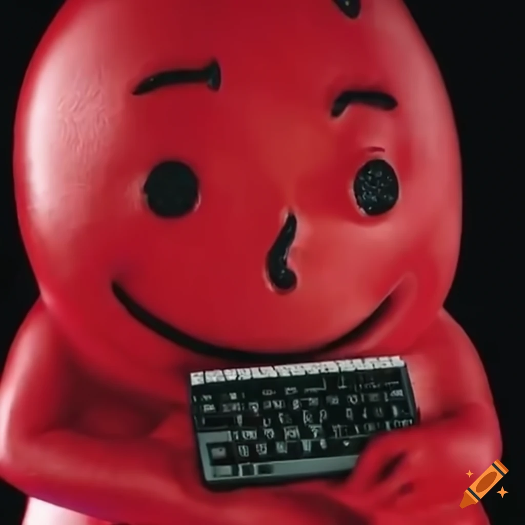 Smiling kool-aid man holding a keyboard on Craiyon
