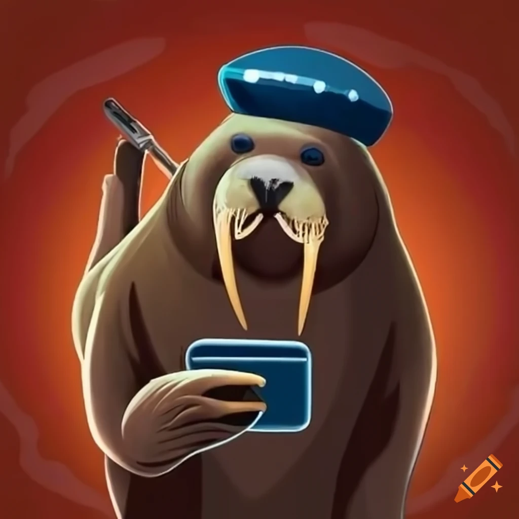 Ninja walrus looking at phone on Craiyon