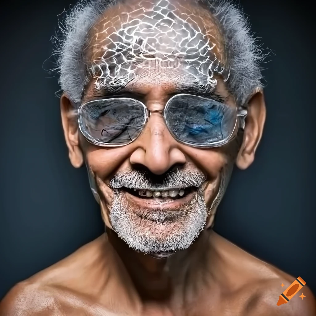 Smiling Skinny 70 Year Old Mexican Male Cyborg With Platinum Mesh Circuitry And Led Lights On