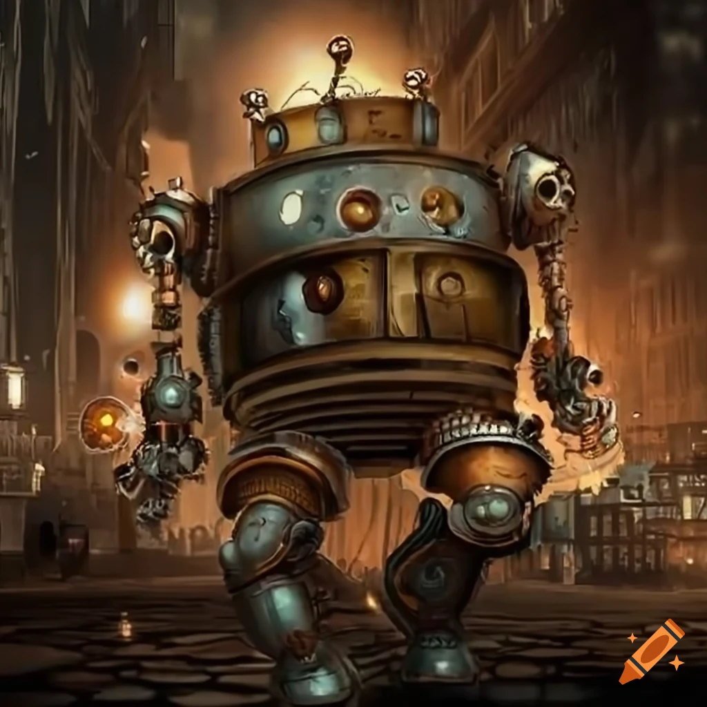 Clockwork robot in a steampunk city on Craiyon