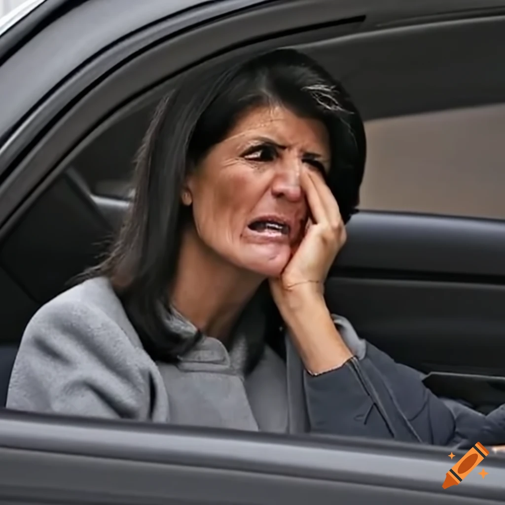 Nikki haley crying hysterically in a car on Craiyon