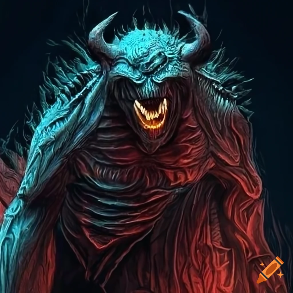 Massive demon with sharp twisted horns emerging from shadows on Craiyon