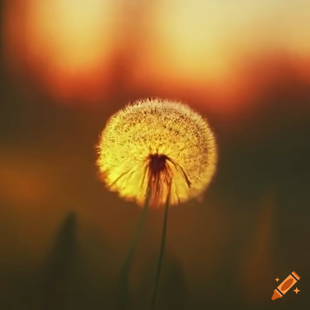 Stunning sunset over a dandelion field with some dandelions in focus on ...