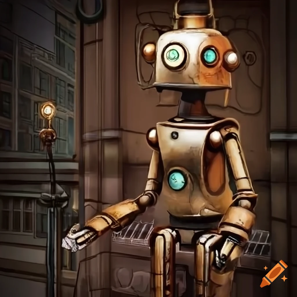Clockwork robot in a steampunk city on Craiyon