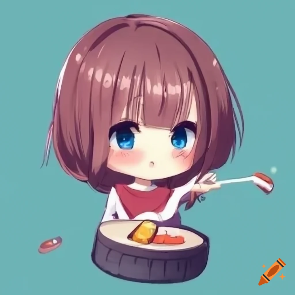 Chibi anime girl enjoying sushi on Craiyon