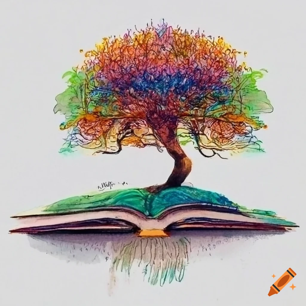 Beautiful tree growing out of a book in colorful ink drawing on Craiyon
