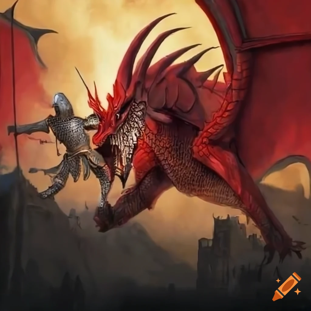 Medieval battle between knights and a red dragon on a castle on Craiyon